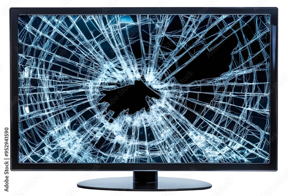 Broken monitor TV screen with cracked glass, isolated on white ...