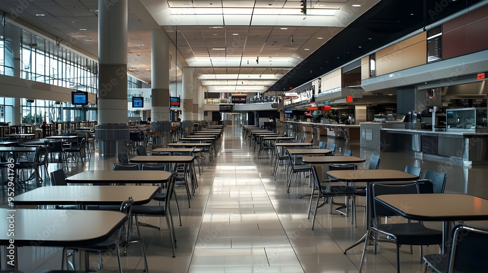 An empty airport food court, with vacant tables and closed food ...