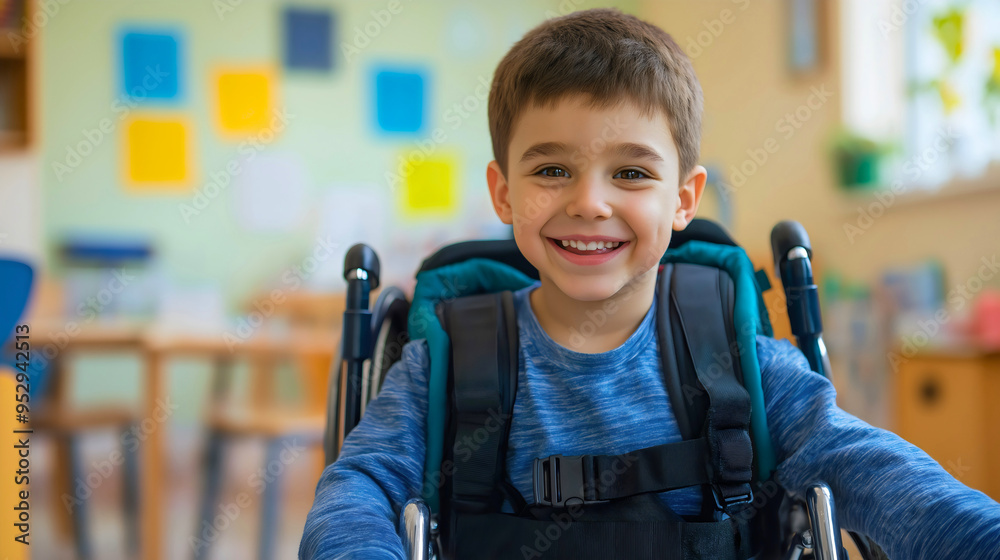 Boy child in wheelchair at school, happy and smiling kid studying ...
