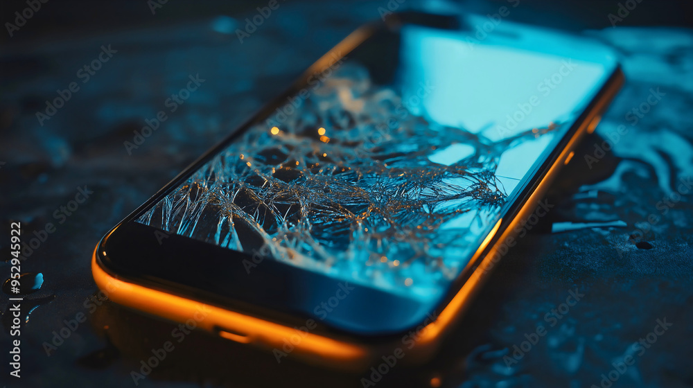 Mobile smartphone with a broken screen, the glass display shattered and ...