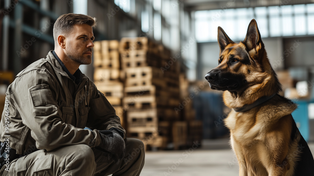A K9 unit officer in uniform crouching beside a German Shepherd in a ...