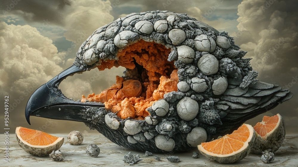 The Bird and the Citrus: A surreal and evocative still life, featuring ...