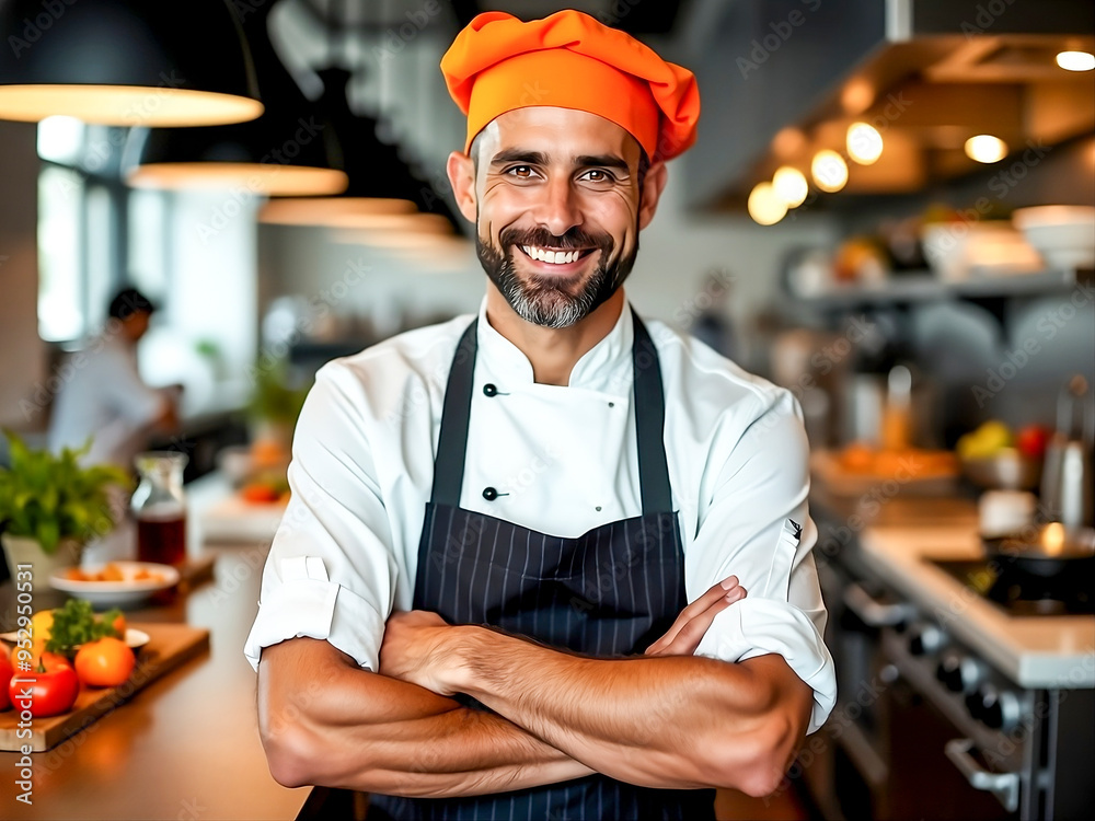 jove chef parado mirando a camara sonriendo con los brazos cruzados en ...