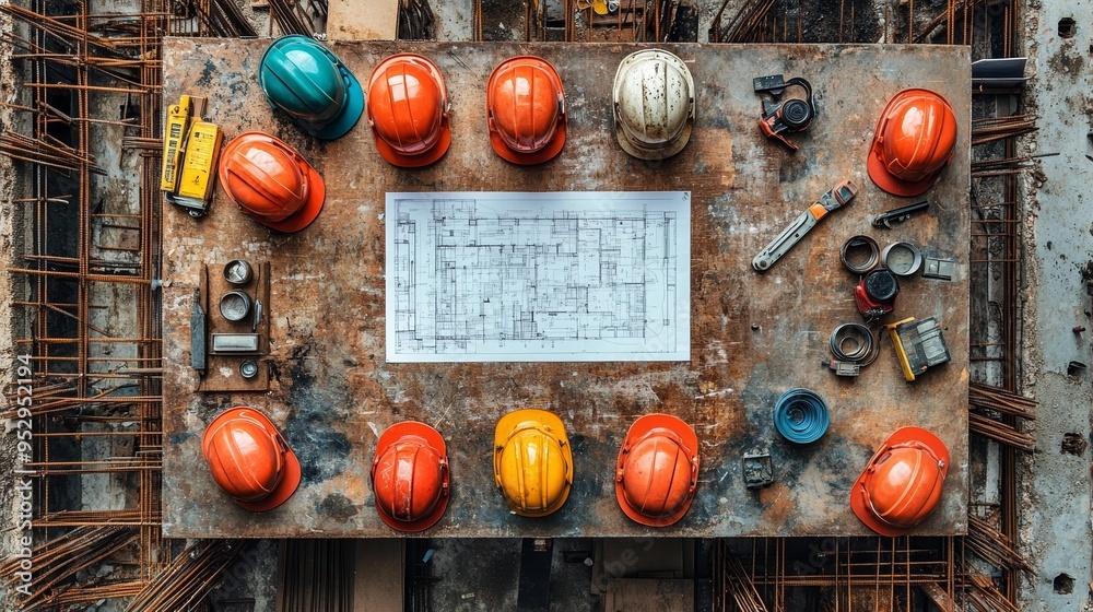 Overhead View of Construction Planning with Blueprints and Essential ...