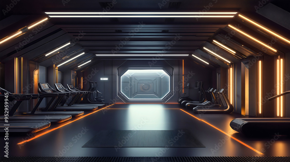 Futuristic gym interior featuring modern fitness equipment on the floor ...