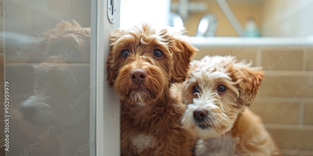 Adorable puppy pals curiously looking through an ajar bathroom door to ...