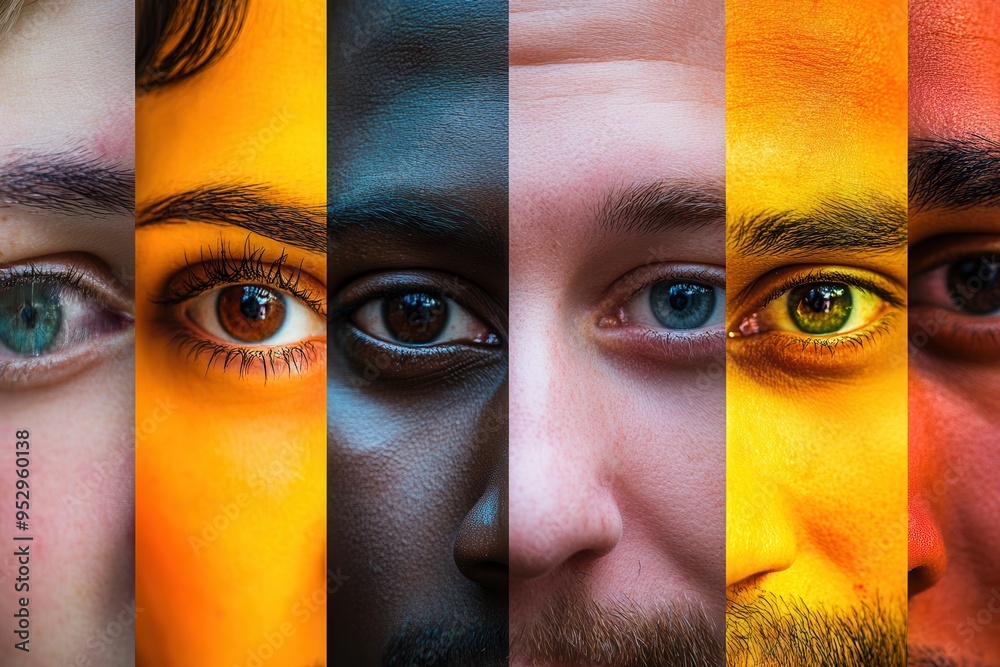Faces of different ethnicities are separated by a vivid line ...