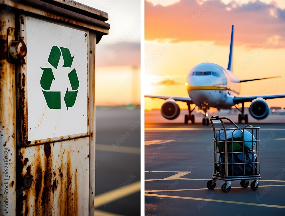 An eco-friendly airport scene promoting green aviation, with a focus on ...
