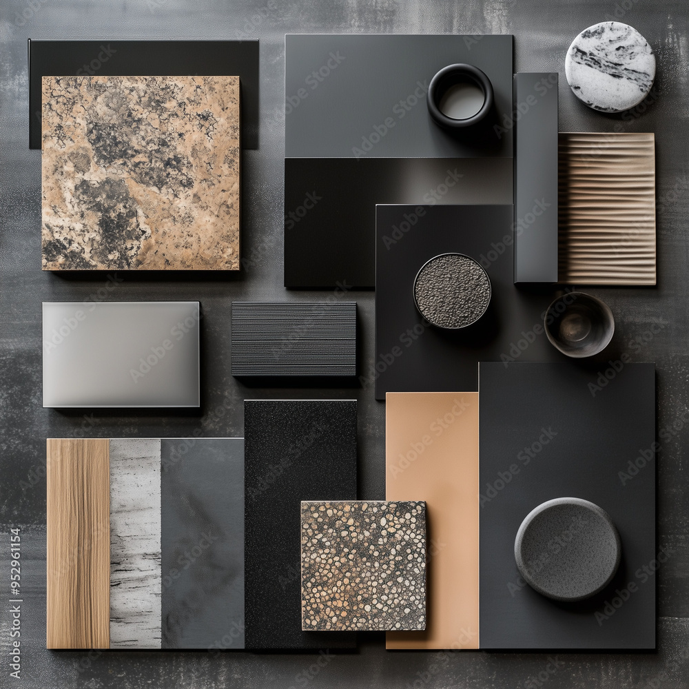 Create a moodboard with the materials São Gabriel black granite, MDF ...