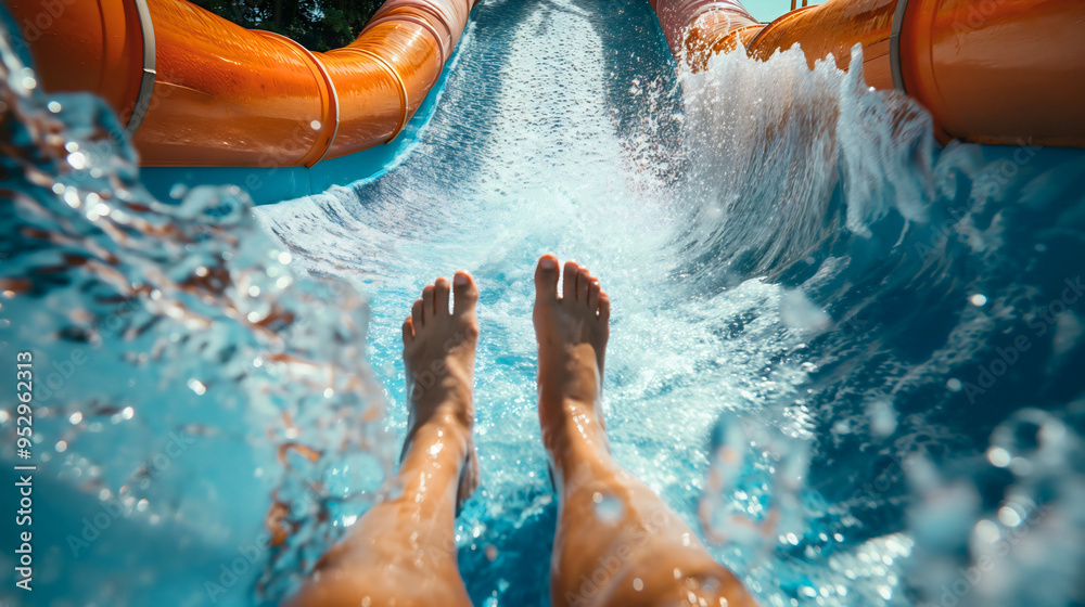 First person view of summer at an amusement aqua park as you slide down ...