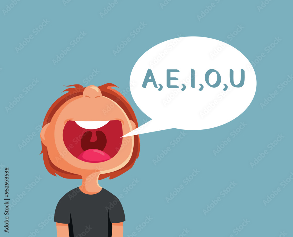 Boy Pronouncing the Vowels Vector Cartoon Illustration. Happy kid ...