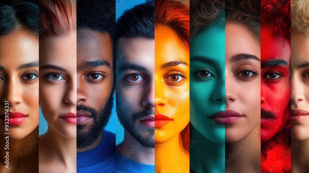 Faces of diverse individuals are separated by a line, showcasing vivid ...