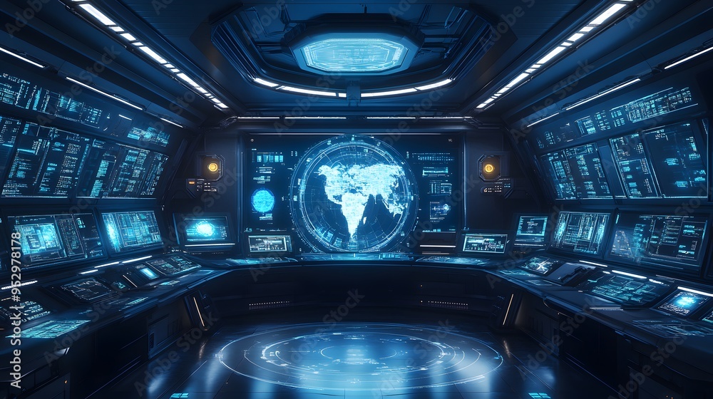 High-tech command center with a sleek design large screens a holographic map and operators Sleek ...