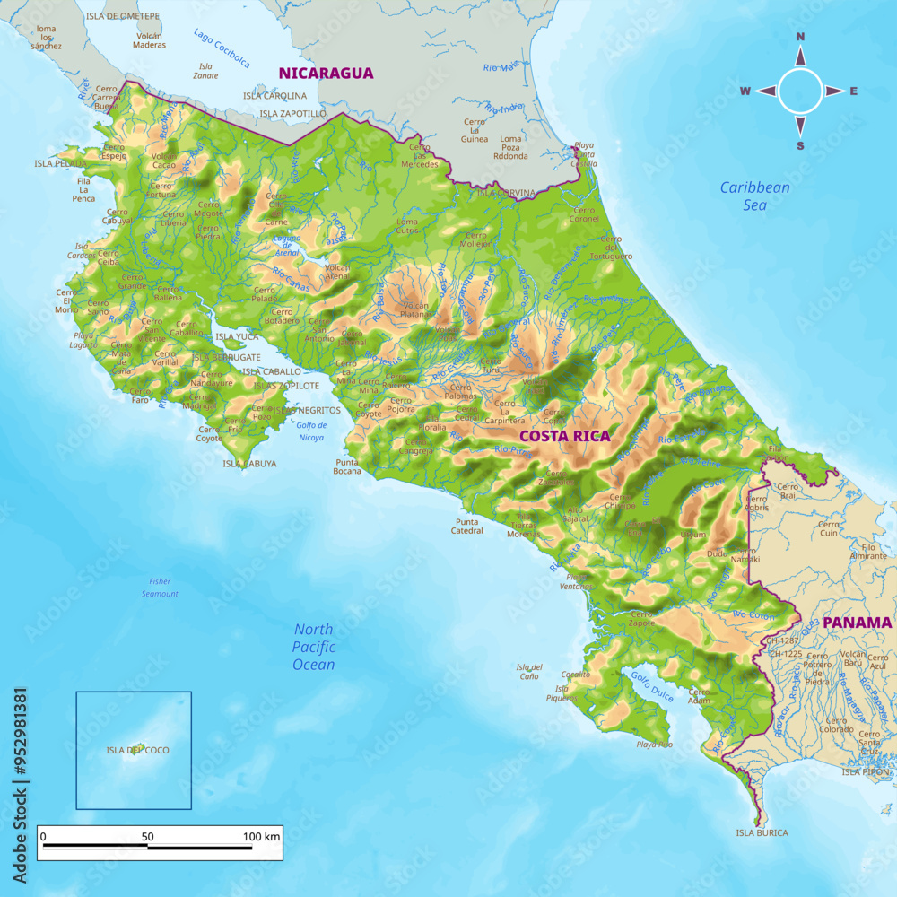 Morocco physical map with national borders, rivers and lakes, mountains ...
