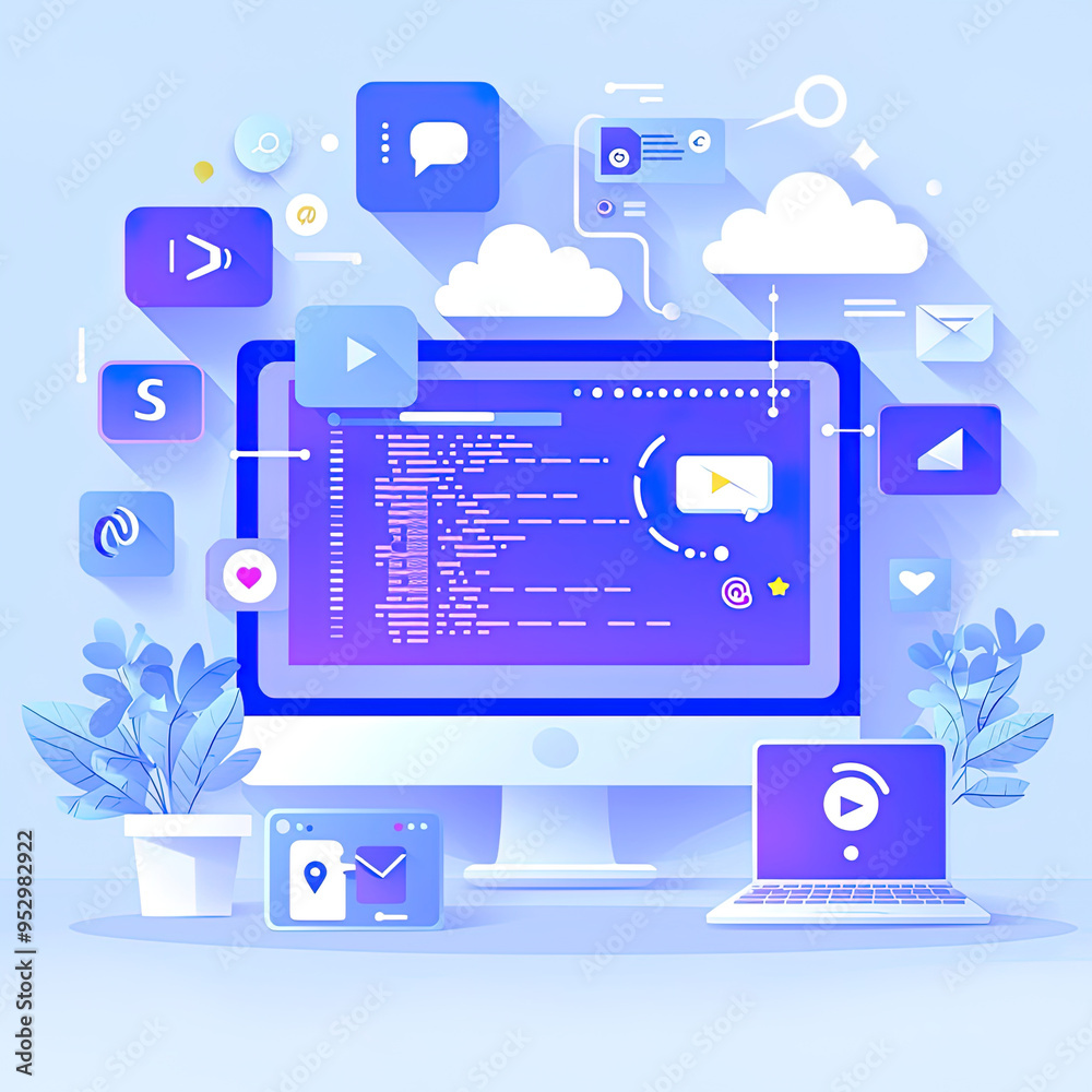 A computer screen with program codes, surrounded by various app icons ...