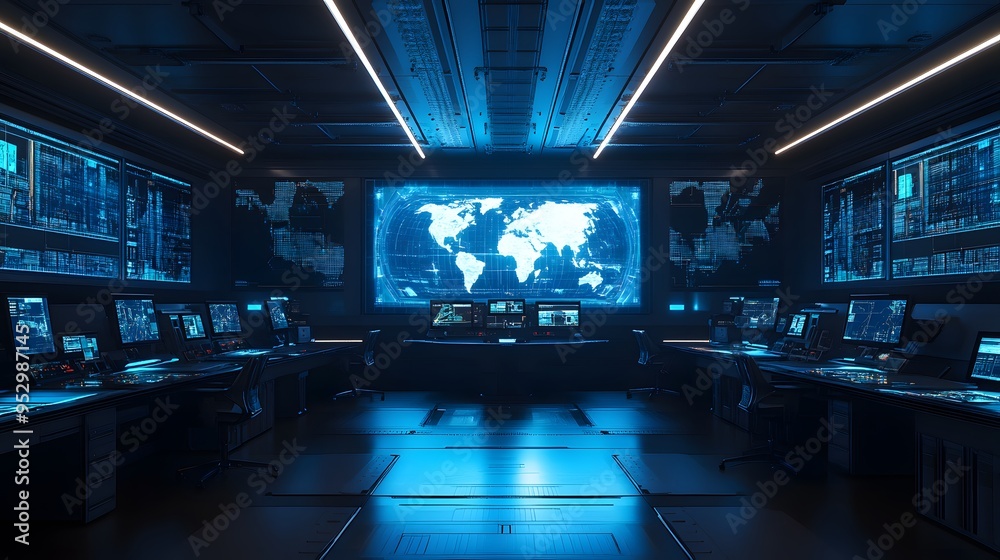 Command center with a holographic map large screens cool blue tones and ...