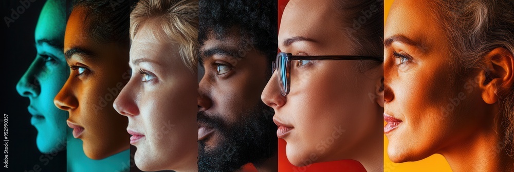 Faces of diverse individuals are separated by a line, showcasing the ...