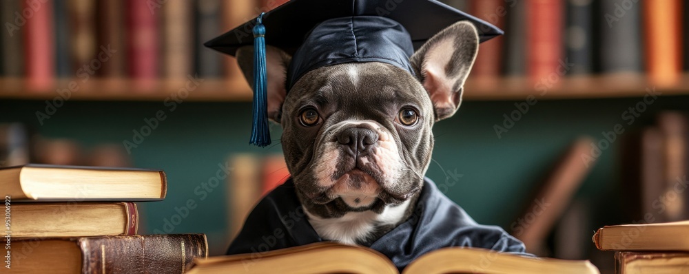 Smart French Bulldog Celebrating Graduation with Cap and Gown, Books ...