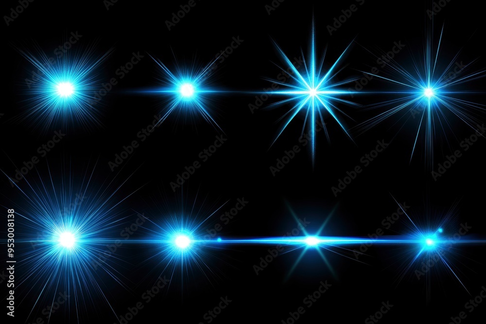 Lens flare, blue glow light effect on black. image of rays light ...