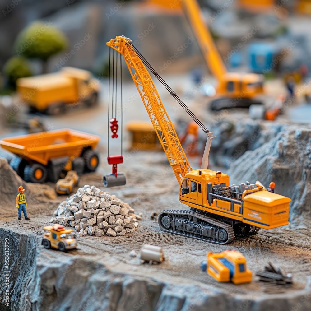 Miniature construction crane lifting a pipe on a model construction ...