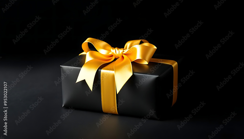 A luxurious gift box, on a solid black background, wrapped in sleek ...
