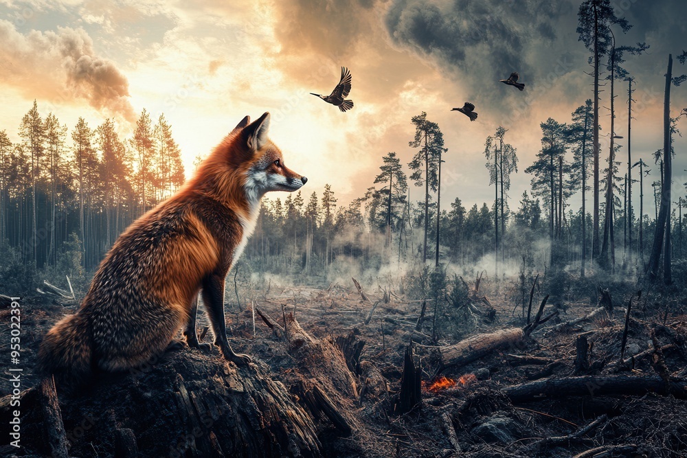 A fox watches the destruction of its home, as smoke rises and rare ...