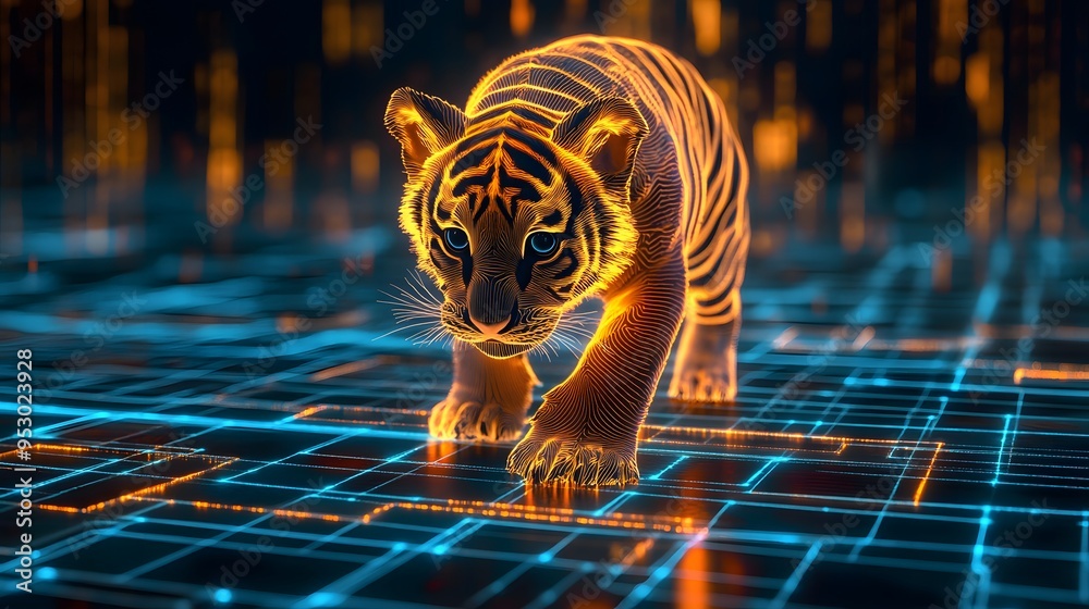 Holographic abstract interface illustration of a cute baby tiger ...