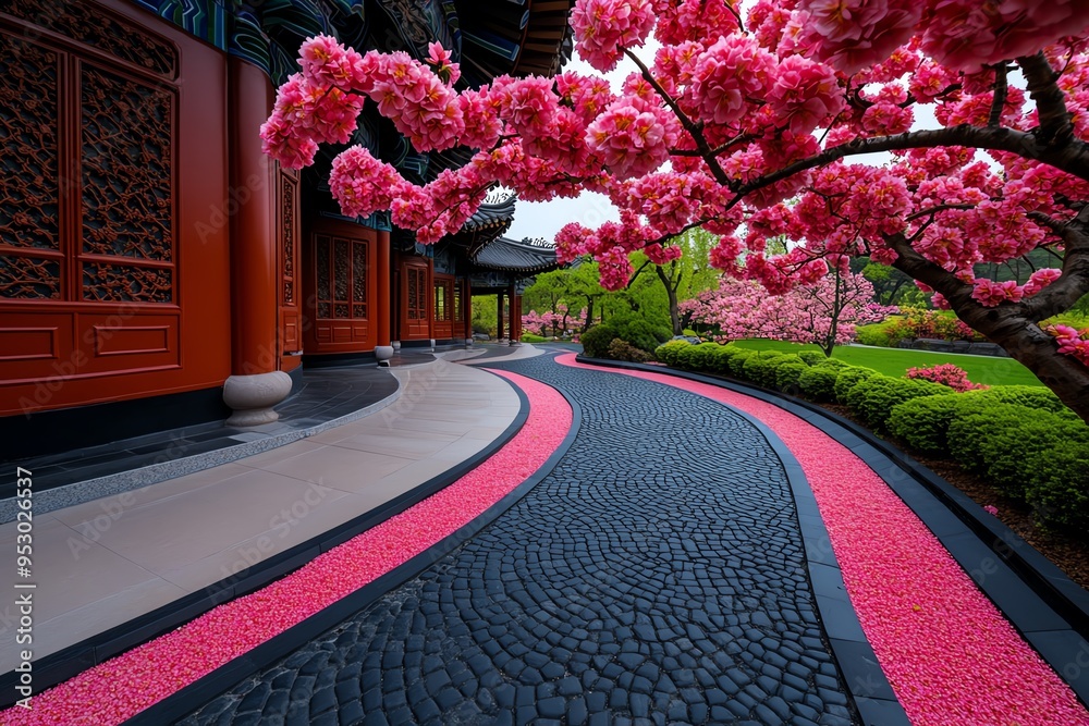 Peach blossom tree in a traditional Chinese garden during spring ...
