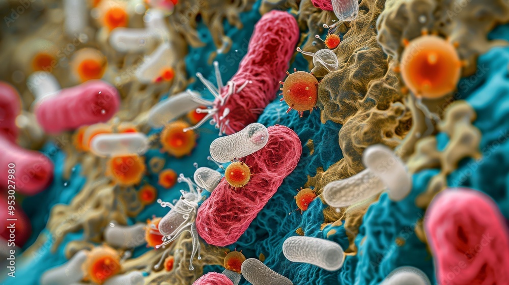 Cross-sectional view of bacteria interacting with human immune cells ...