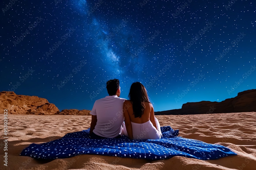 Romantic couple getaway with a stargazing night in the desert, captured ...