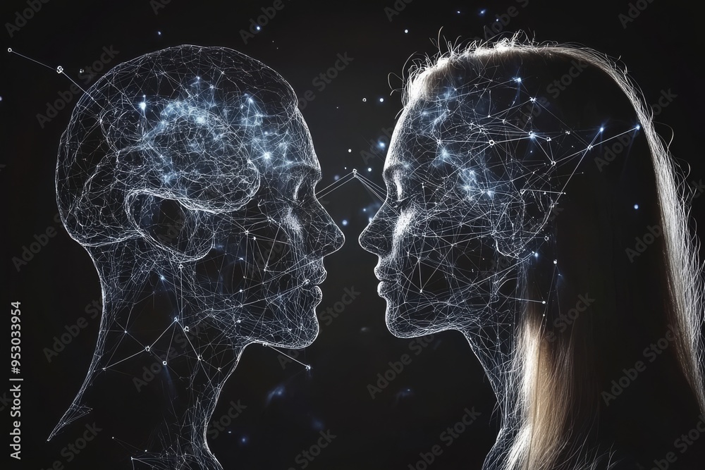Futuristic profiles of a couple with neural connections symbolizing the ...