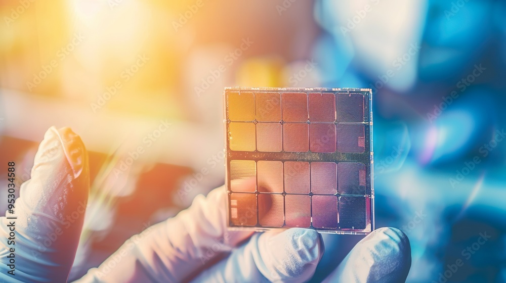 Scientist hold in hand small tile of new type efficient solar cell tile ...