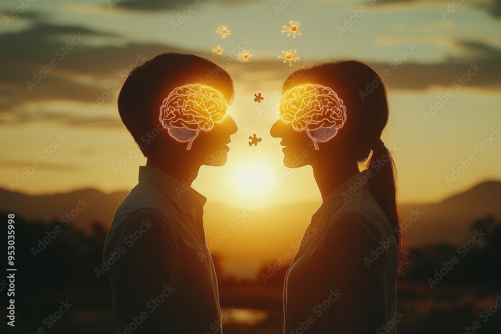 Silhouettes of two people with glowing brain overlays facing each other ...