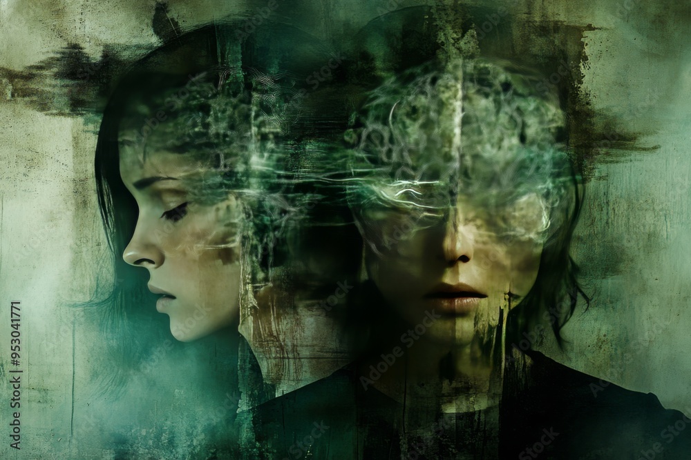 Fractured Reality Abstract Double Exposure of a Womans Face with Broken ...