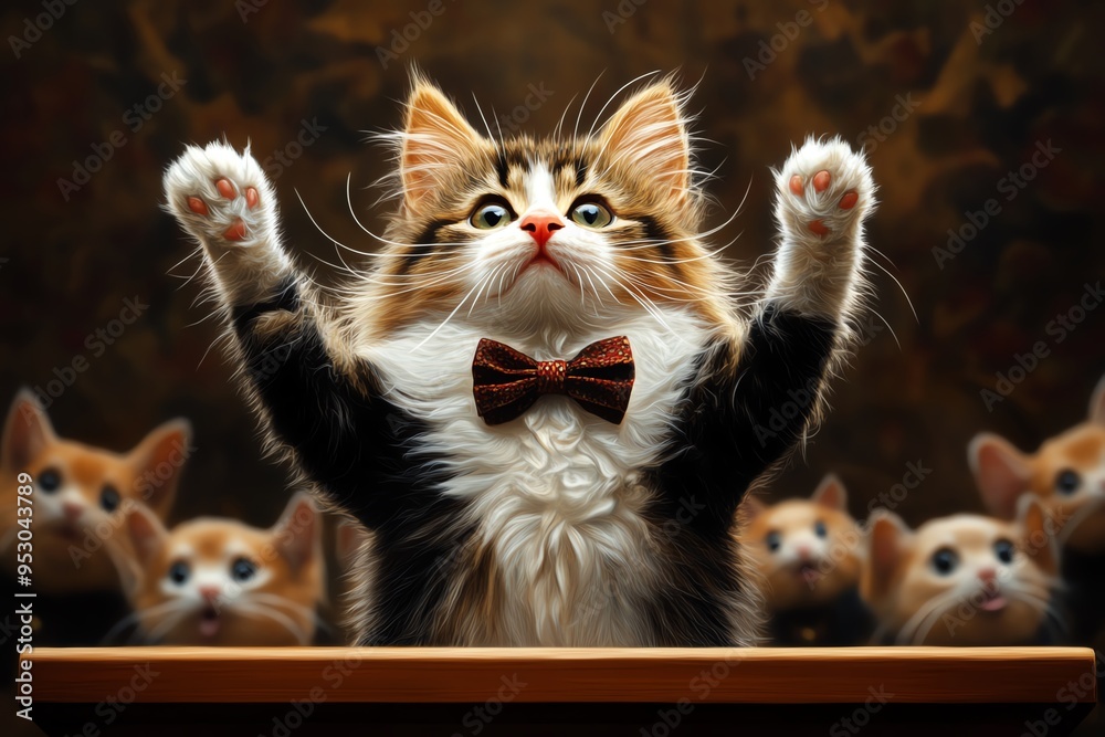 Cat musician conducting an orchestra, depicted in an artwork where the ...