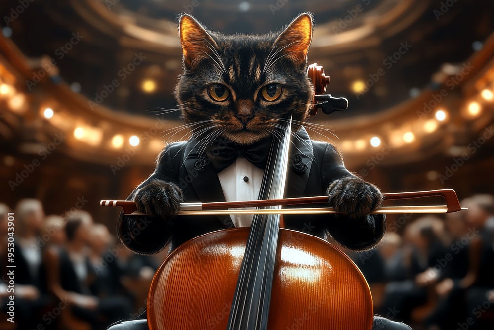 Cat musician in a classical concert hall, depicted in a detailed ...
