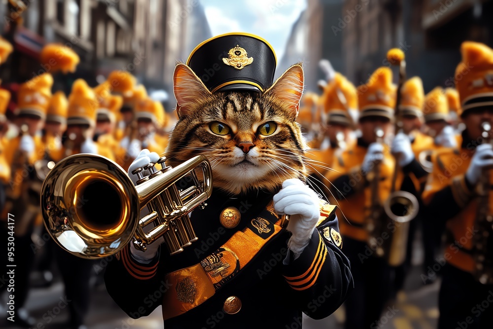 Cat musician leading a parade, illustrated in a lively scene where the ...
