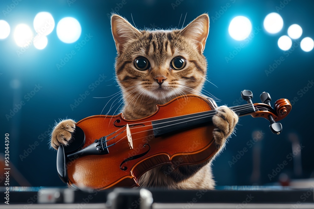 Cat musician performing on a grand stage, captured in a dramatic photo ...
