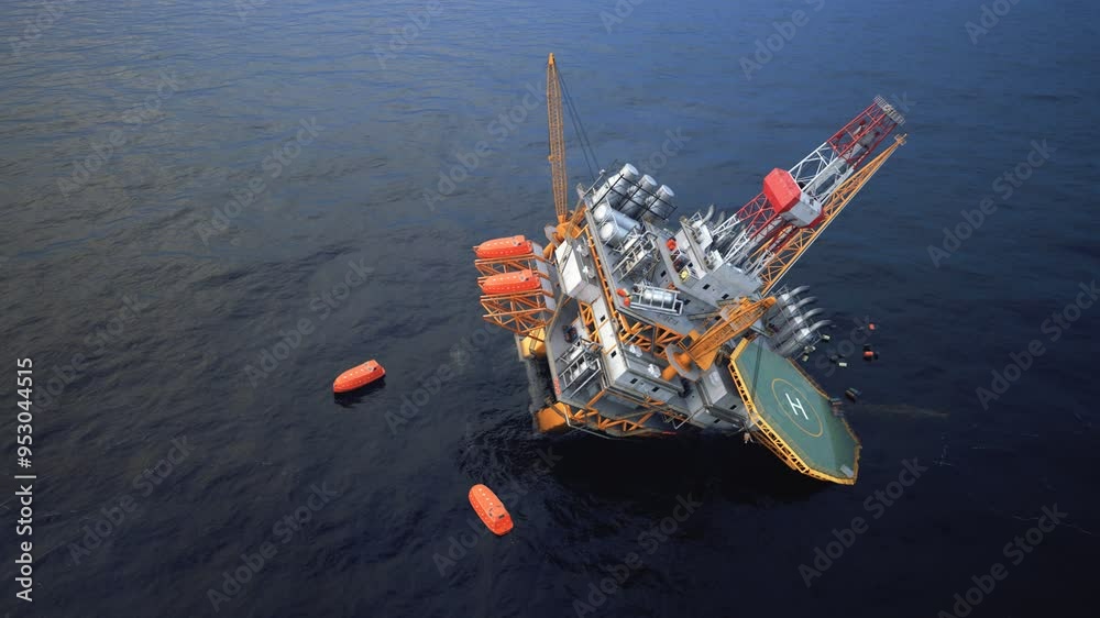 Collapsed Offshore Oil Platform Floating Lifeboats In The Sea Oil Spill ...