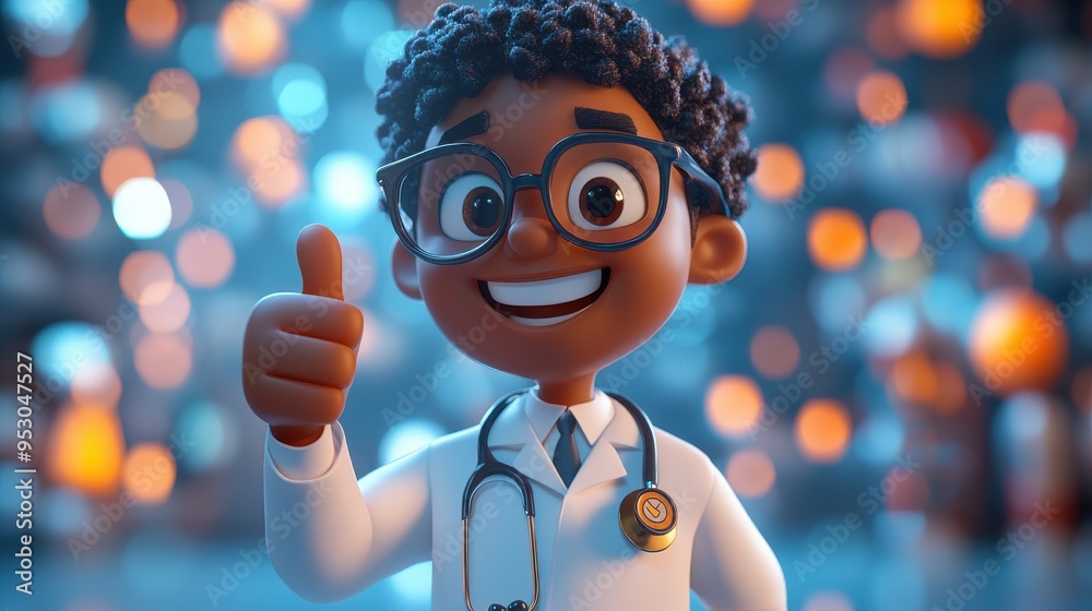 3D cartoon doctor character with dark skin wearing glasses shows a ...