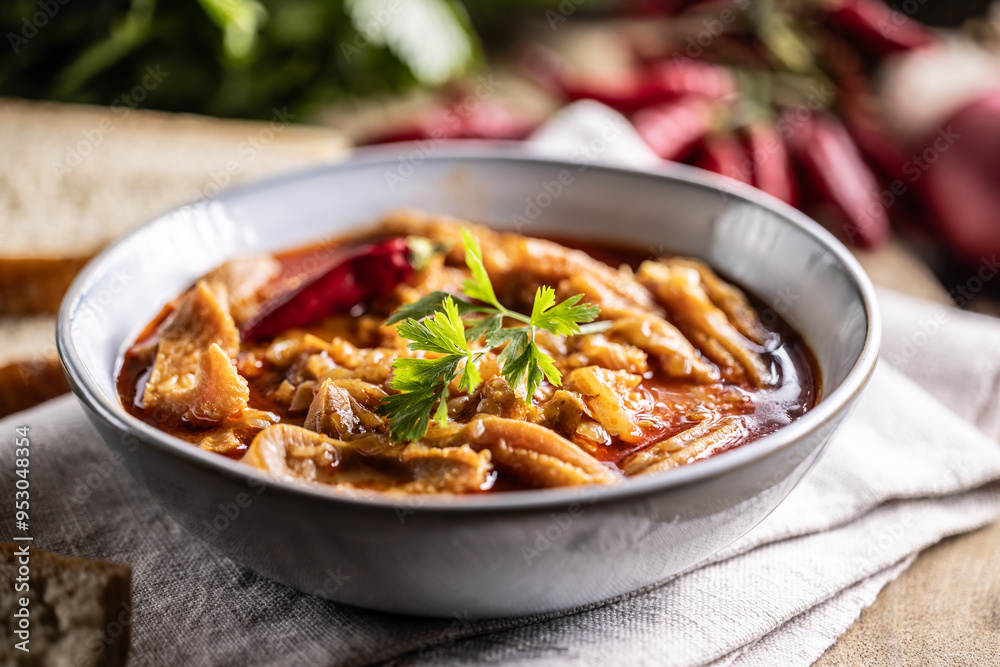 Tasty soup or stew made of beef tripe and spices. Spicy and aromatic ...