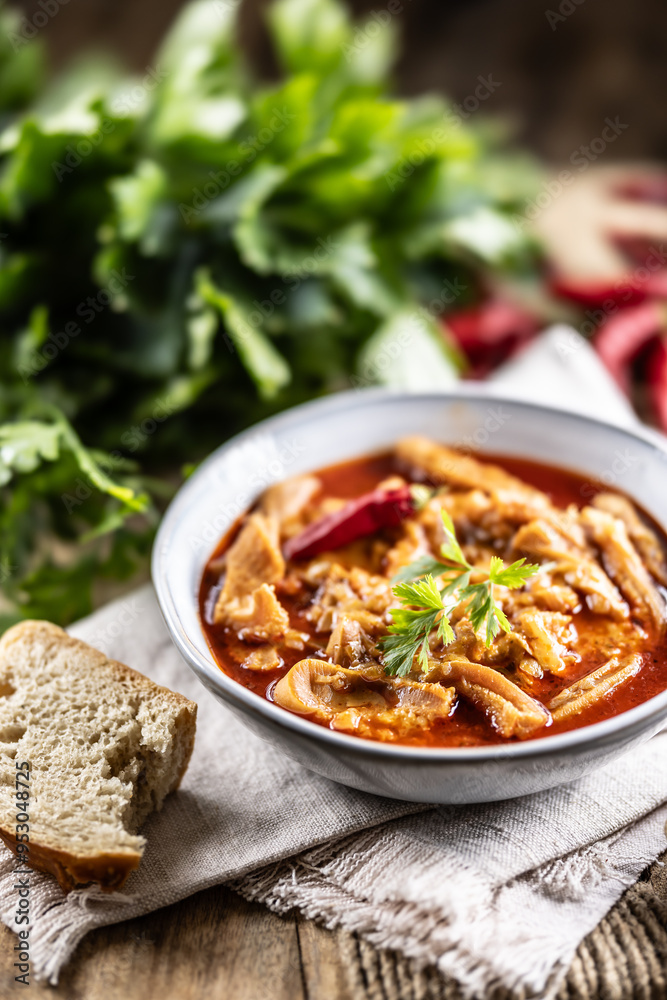 Tasty soup or stew made of beef tripe and spices. Spicy and aromatic ...