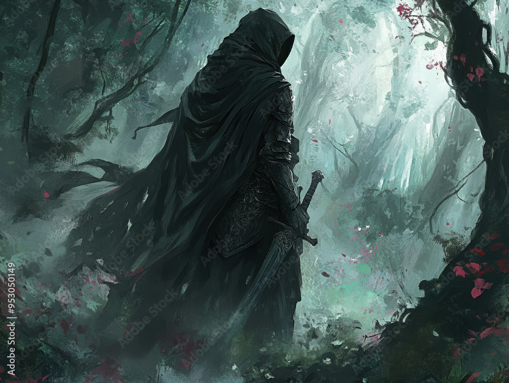 cloak sword forest fantasy hooded figure warrior mystical adventure ...