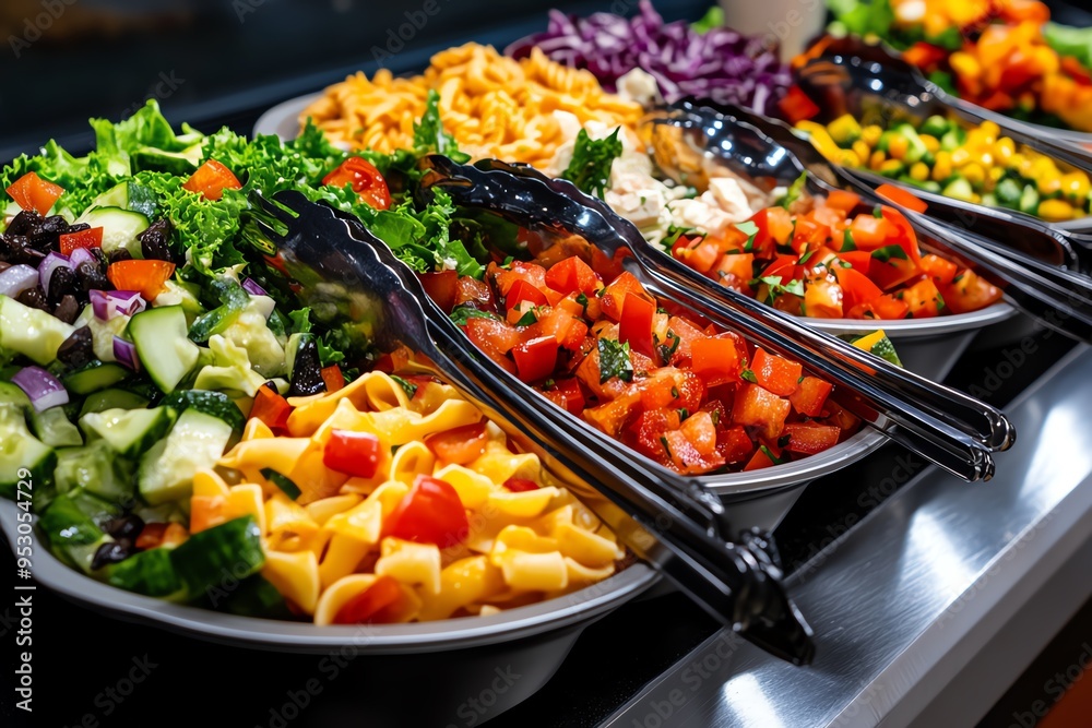 Salad Green Salad, Pasta Salad, and Protein Salad shown in a buffet ...