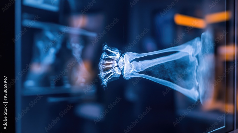 X-ray image of a broken arm with a highlighted fracture area, displayed ...