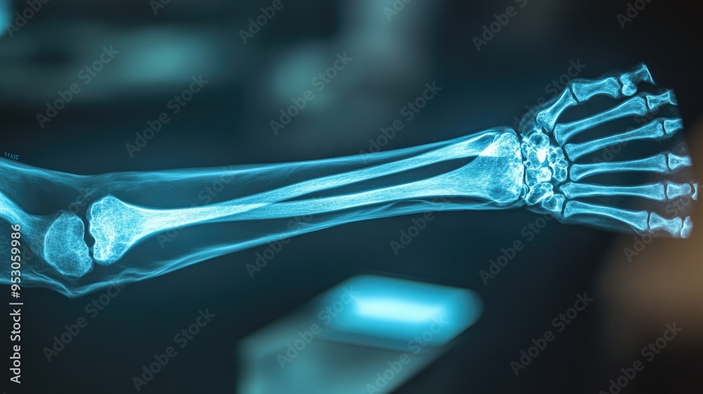 X-ray image of a broken arm with a highlighted fracture area, displayed ...