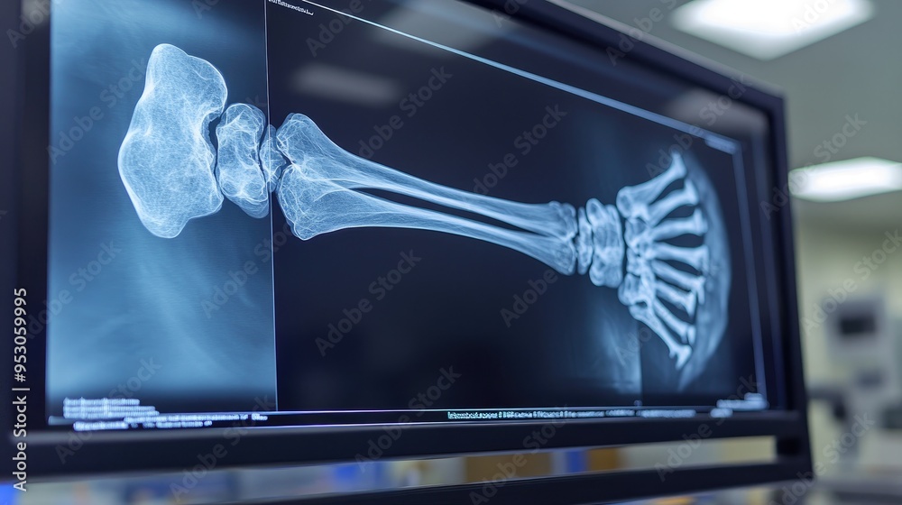 X-ray image of a broken arm with a highlighted fracture area, displayed ...