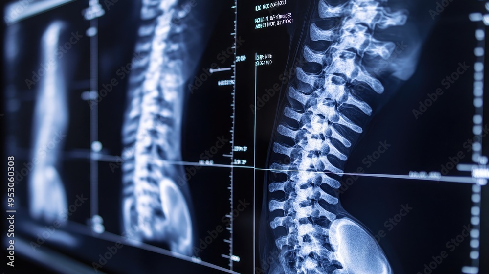 X-ray scan of a human spine and pelvis, showing vertebrae alignment on ...