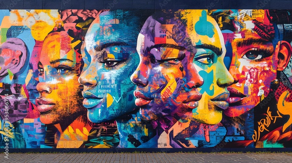 Urban street mural with colorful graffiti diverse people and vibrant ...