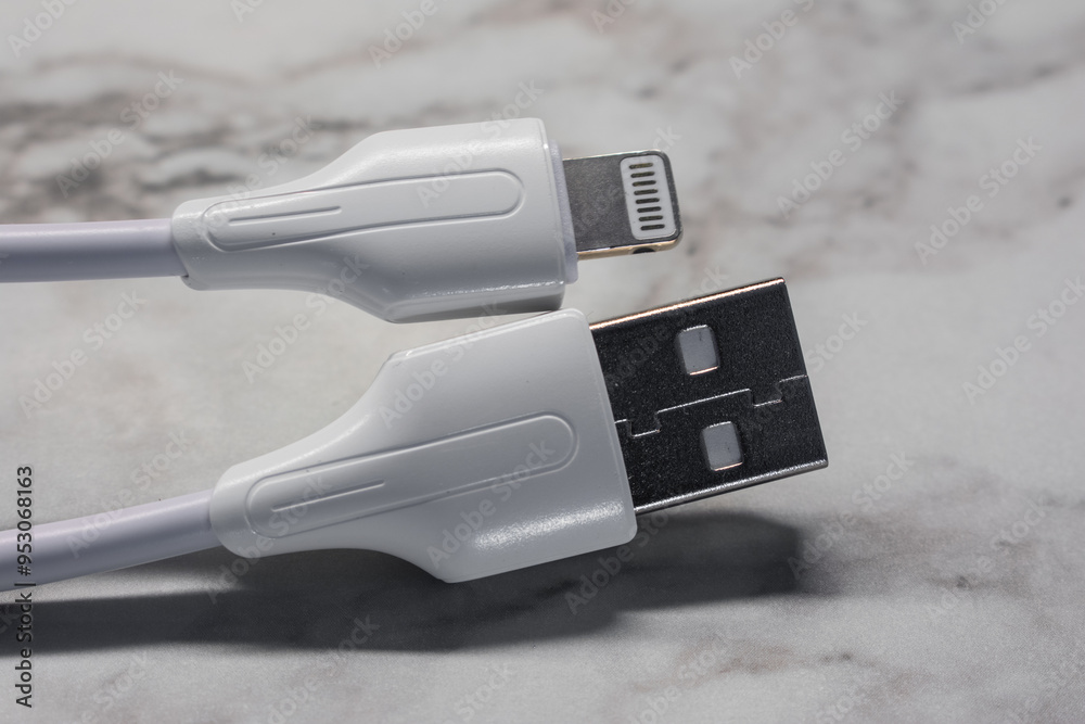 White cable for charging and synchronization Lightning connectors on a ...